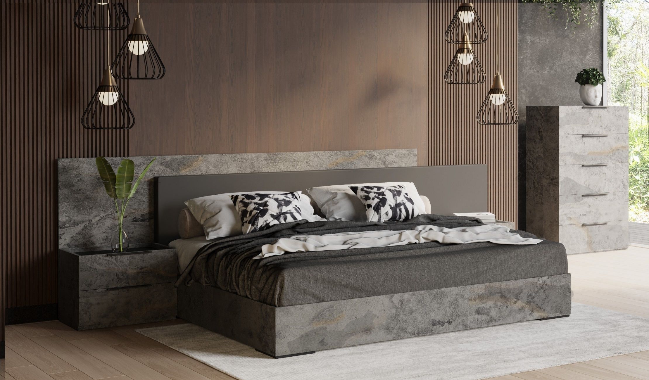 Nova Domus Ferrara - Modern Volcano Oxide Grey Bed with Nightstands